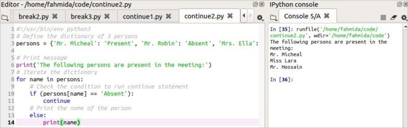 How to use a break and continue statement within a loop in Python